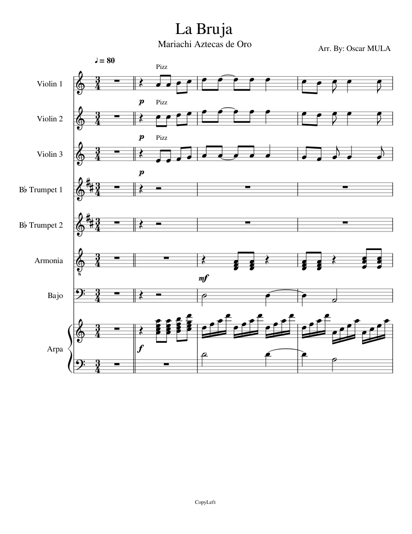 La Bruja Sheet Music for Trumpet in b-flat, Violin, Guitar, Bass guitar ...