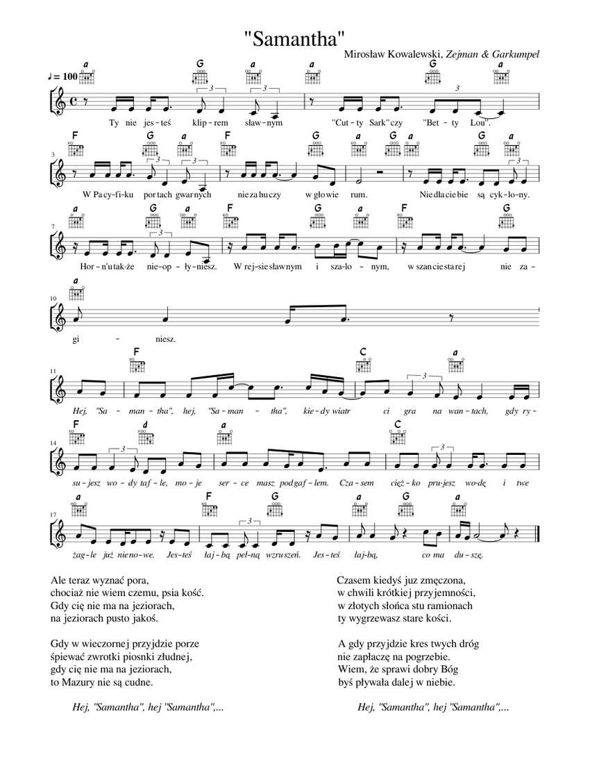 Samantha – Mirosław Kowalewski, Zejman & Garkumpel Samantha Sheet Music ...