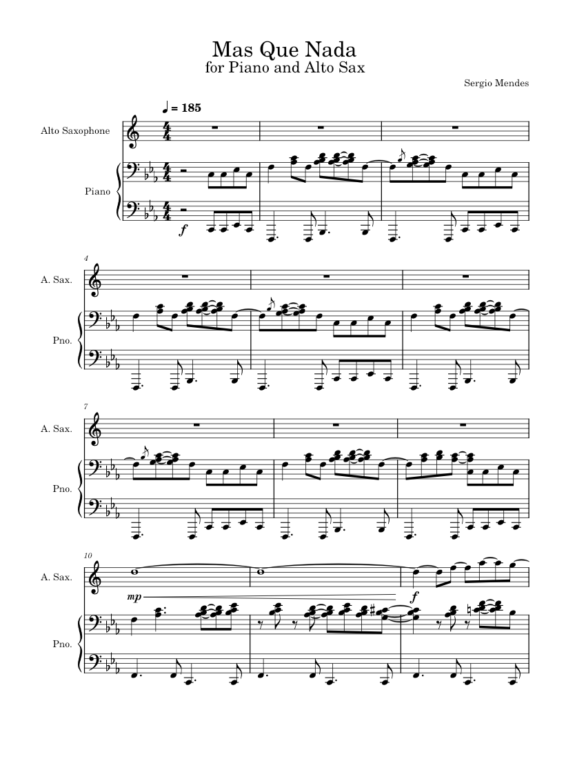 Mas Que Nada – Sergio Mendes Sheet Music for Piano, Saxophone alto ...