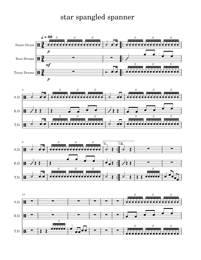 star spangled spanner Sheet music for Snare drum, Tenor drum, Bass drum (Percussion Trio ...