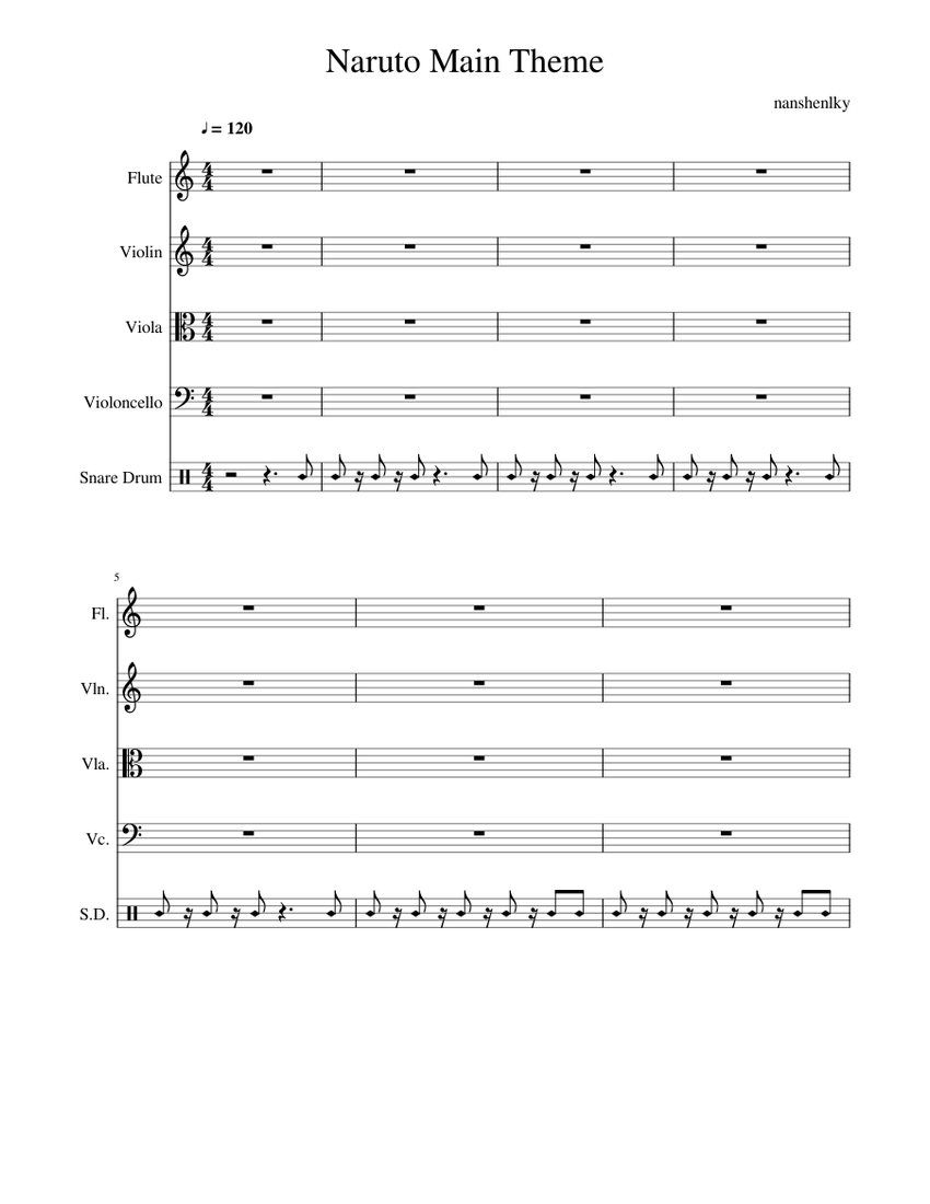 Naruto Main Theme Sheet Music for Flute, Snare drum, Violin, Viola ...