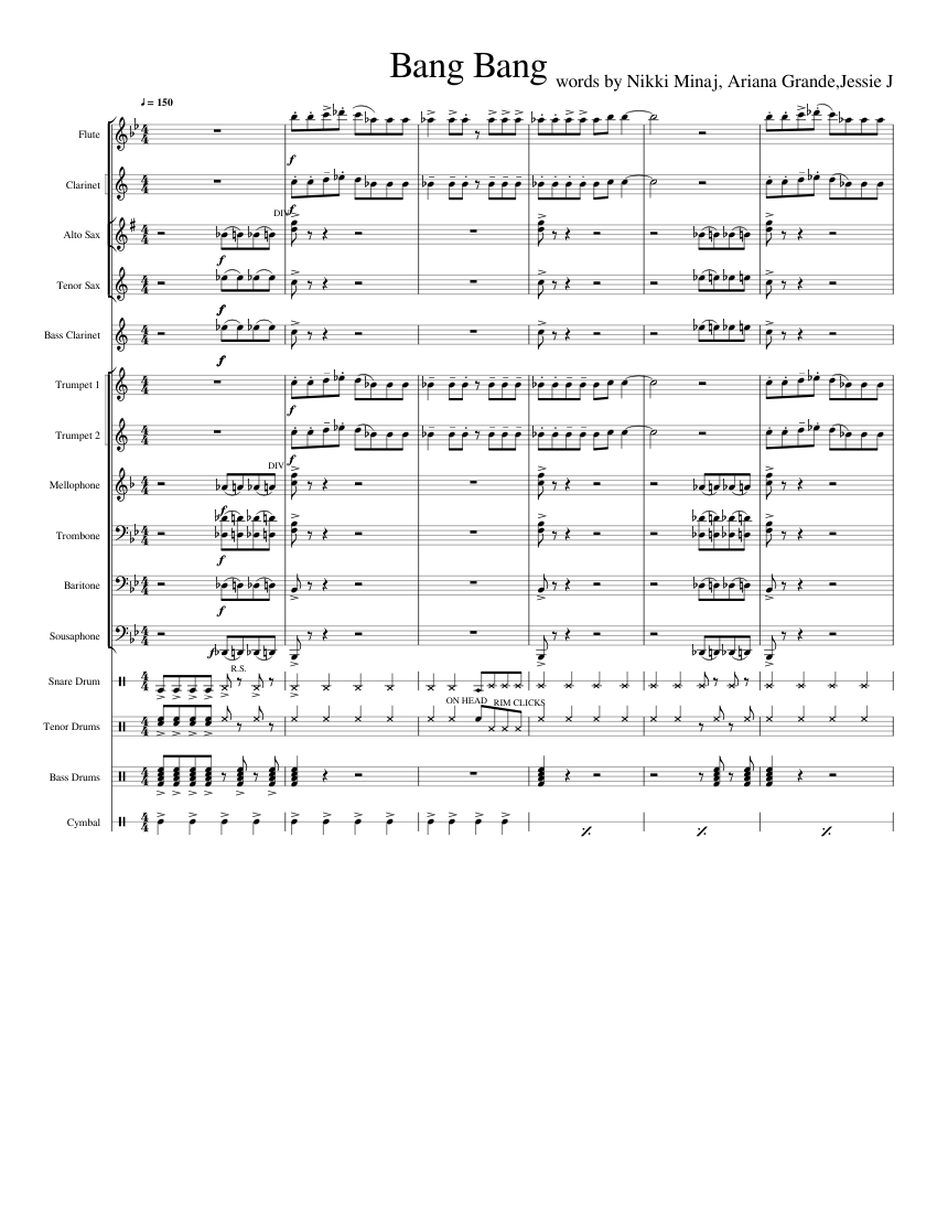 Bang Bang Sheet music for Trombone, Mellophone, Flute, Clarinet in b ...