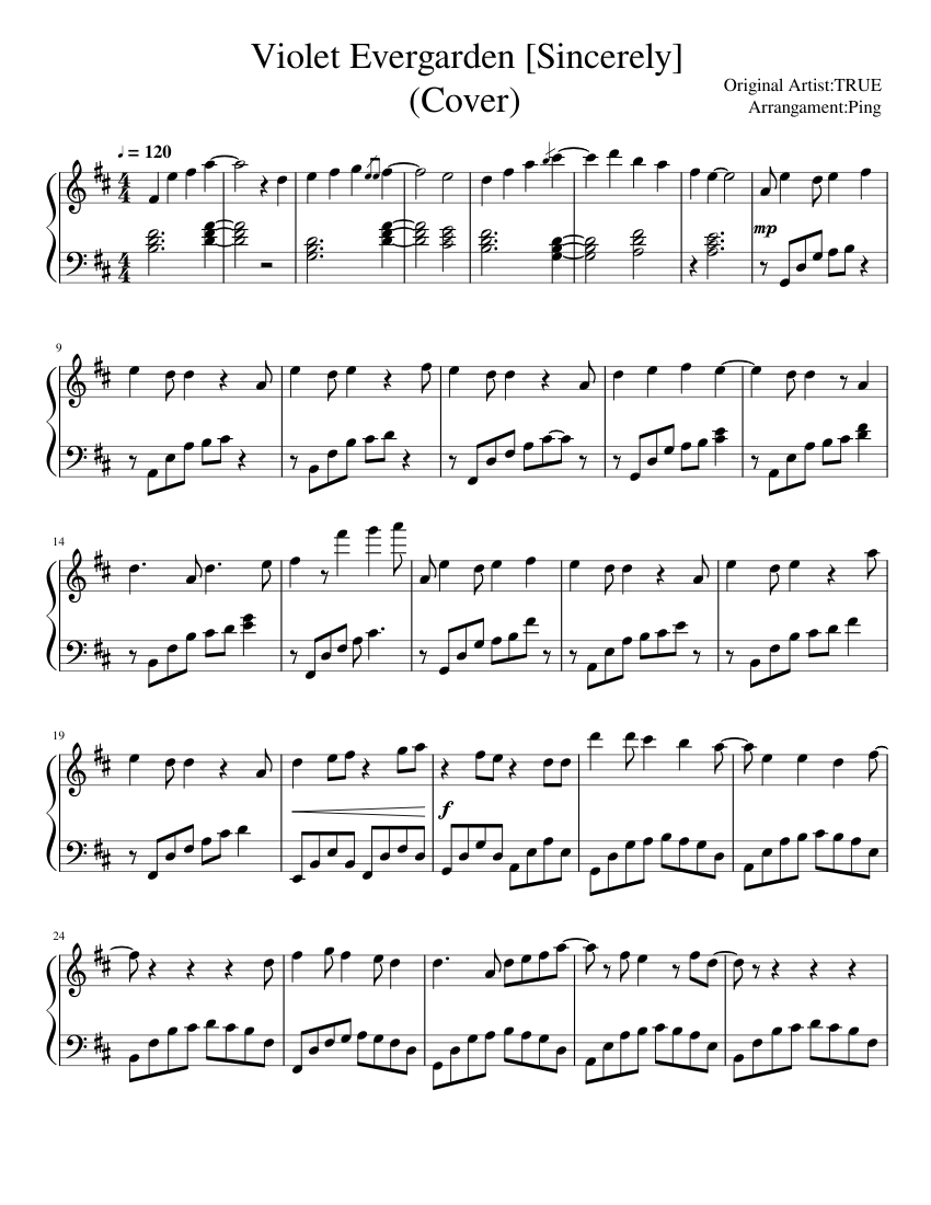 Violet Evergarden- Sincerely [Cover] Sheet Music for Piano (Solo) Easy ...