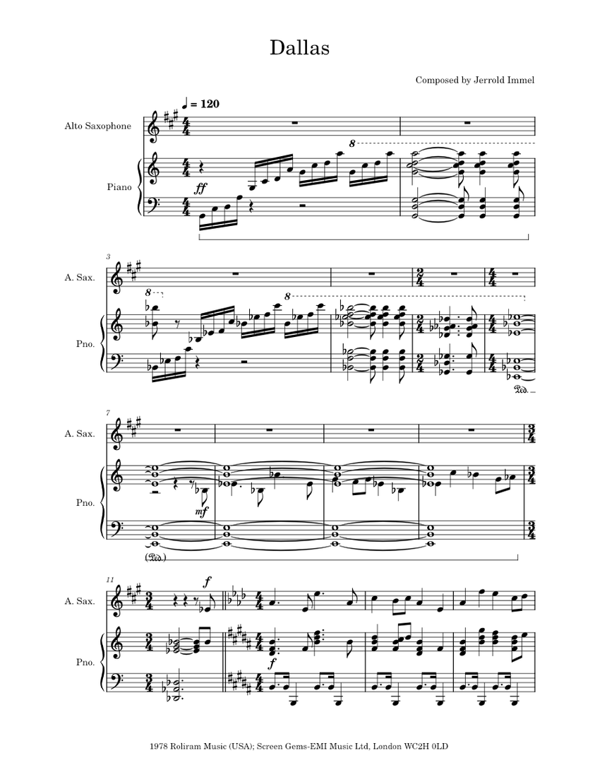 Theme from Dallas – Misc tunes Sheet Music for Piano, Saxophone alto ...