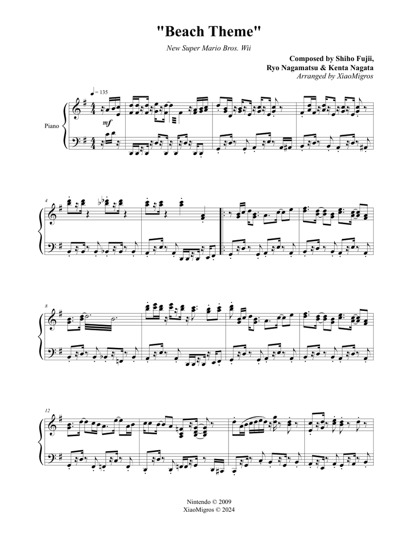 Beach Theme - New Super Mario Bros. Wii Sheet Music for Piano (Solo ...