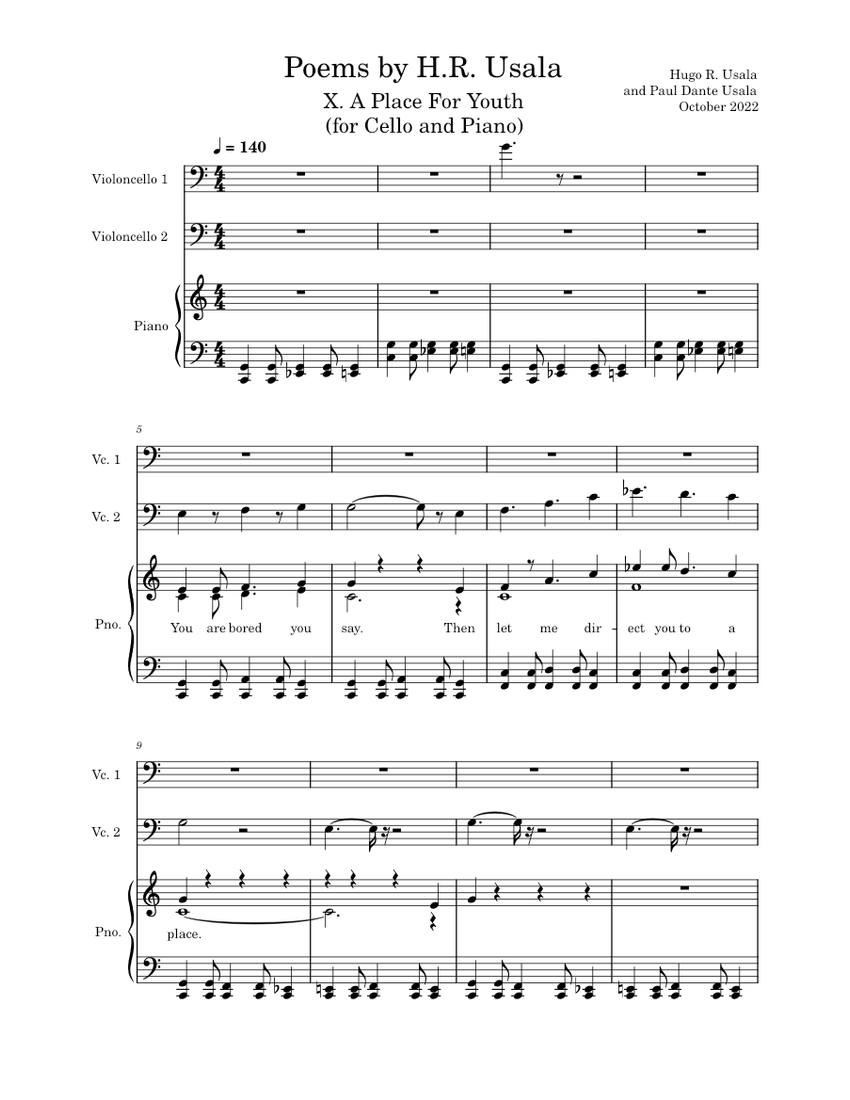 Poems by H.R. Usala - X: A Place for Youth (for Cello and Piano) Sheet ...