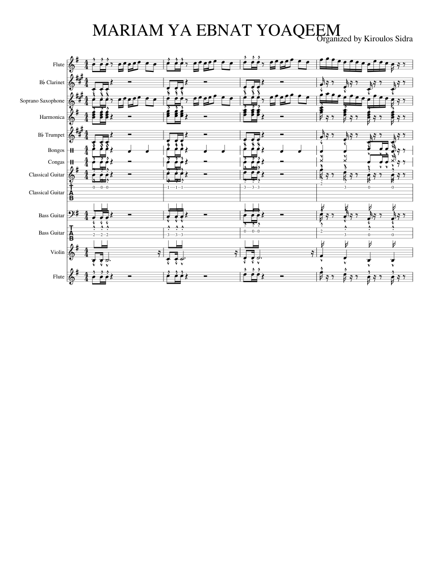MARIAM YA EBNAT YOAQEEM Sheet Music and Tab for Flute, Clarinet in b ...