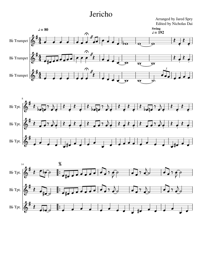 Jericho for Trumpet Trio Sheet music for Trumpet in b-flat (Mixed Trio ...