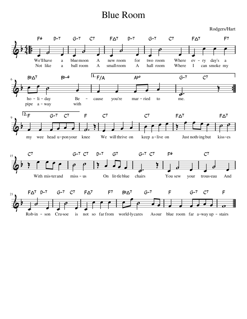 Blue Room Sheet Music with Chords for Piano (Solo) Easy | MuseScore.com