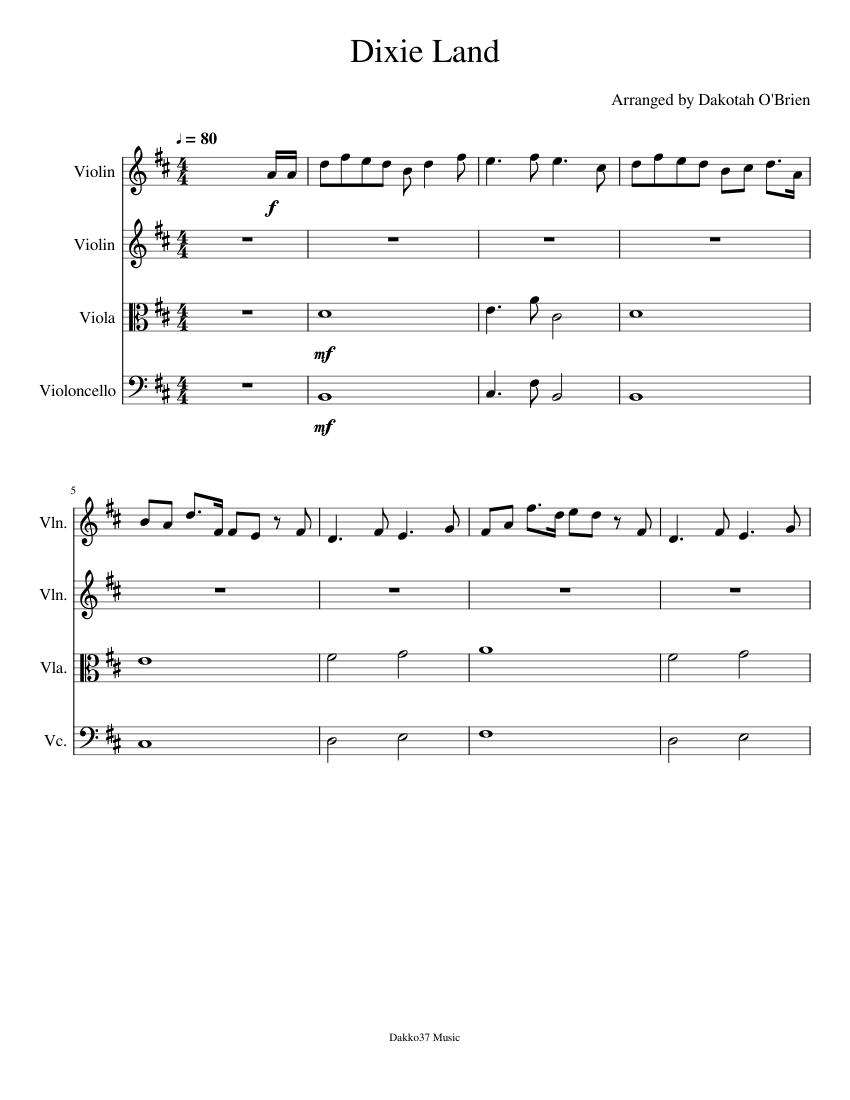 Dixie Land Sheet Music for Violin, Viola, Cello (String Quartet ...