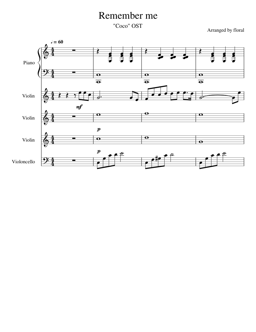 Remember Me Sheet Music for Piano, Violin, Cello (Mixed Quintet ...
