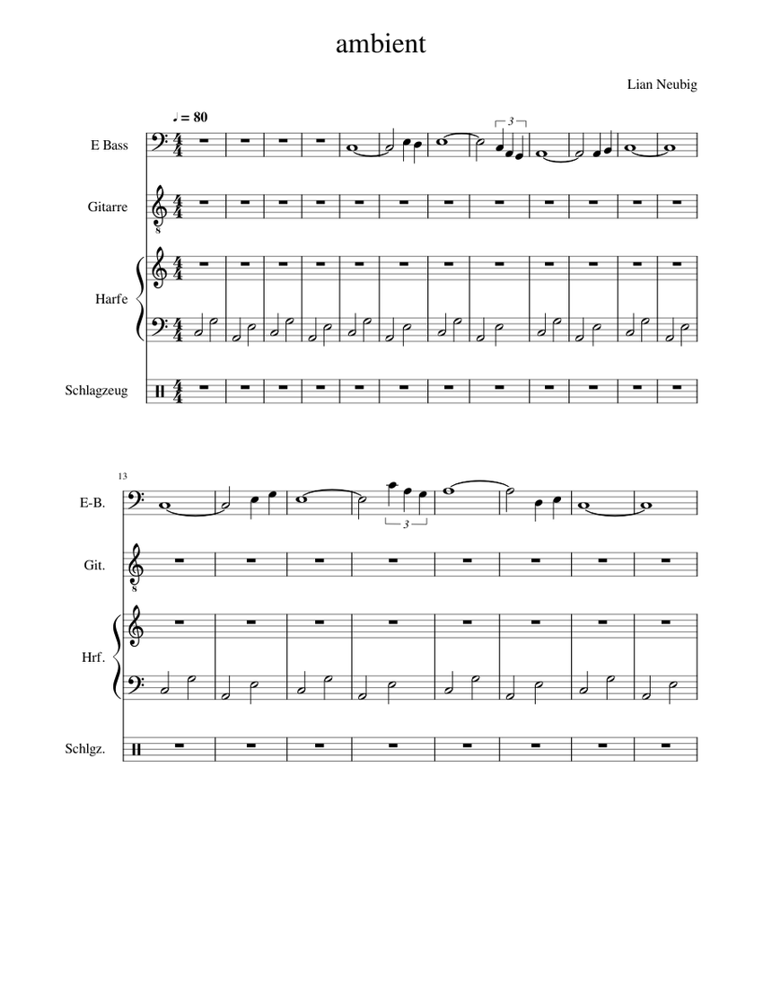 ambient Sheet Music for Guitar, Bass guitar, Drum group, Harp (Mixed ...