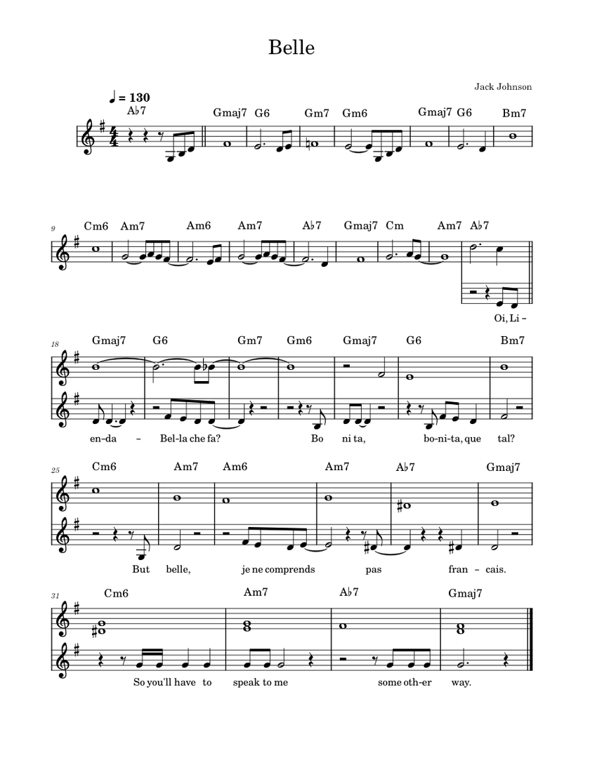 Belle – Jack Johnson Belle Sheet music for Piano, Vocals (Mixed Trio ...