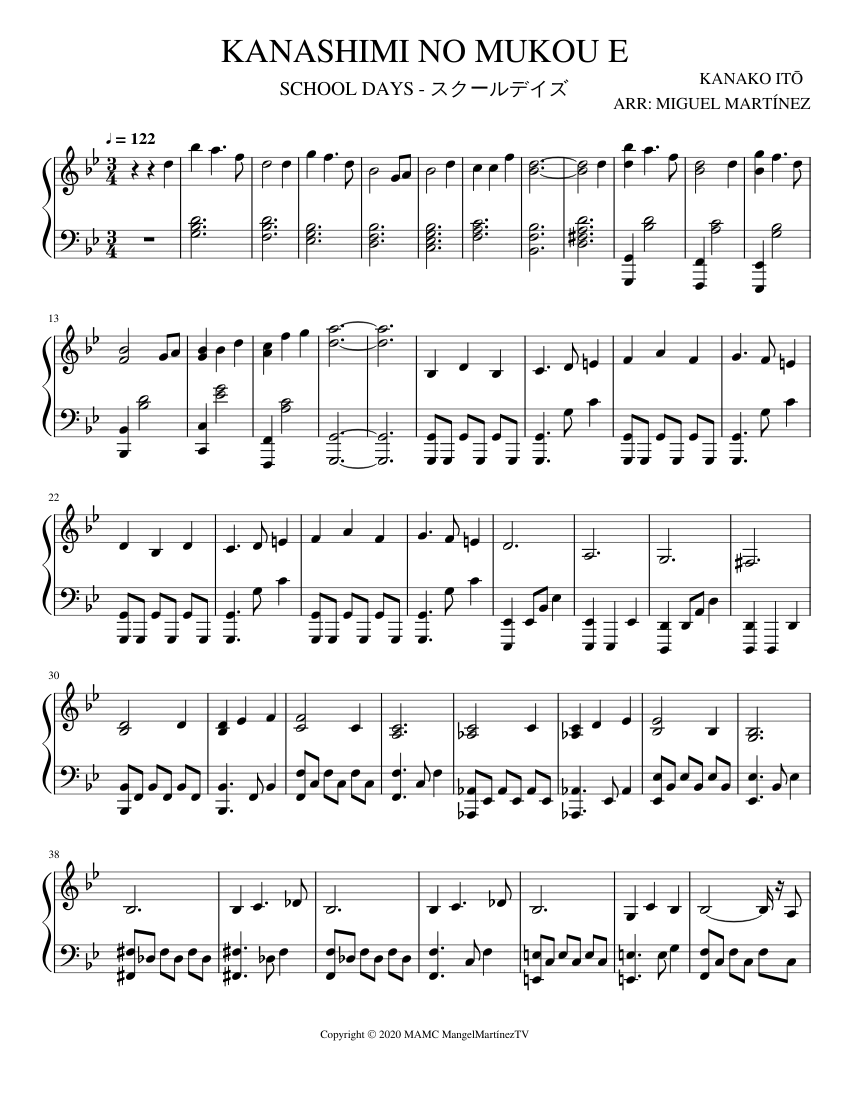 School Days - Kanashimi no mukou e Sheet Music for Piano (Solo ...