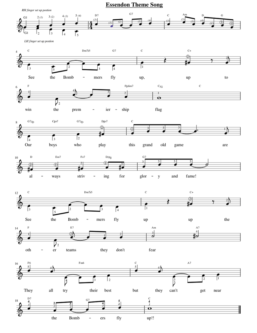 Essendon Theme Song (RH & LH Melody- Portrait) Sheet Music for Piano ...