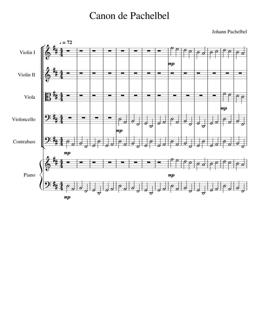 Canon de Pachelbel Sheet Music for Piano, Contrabass, Violin, Viola ...