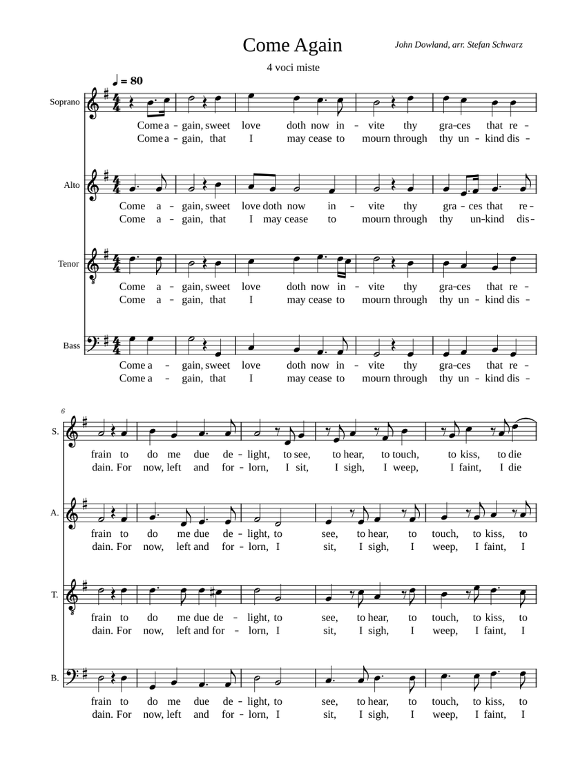 Come again – John Dowland Sheet music for Soprano, Alto, Tenor, Bass voice (SATB) | Musescore.com