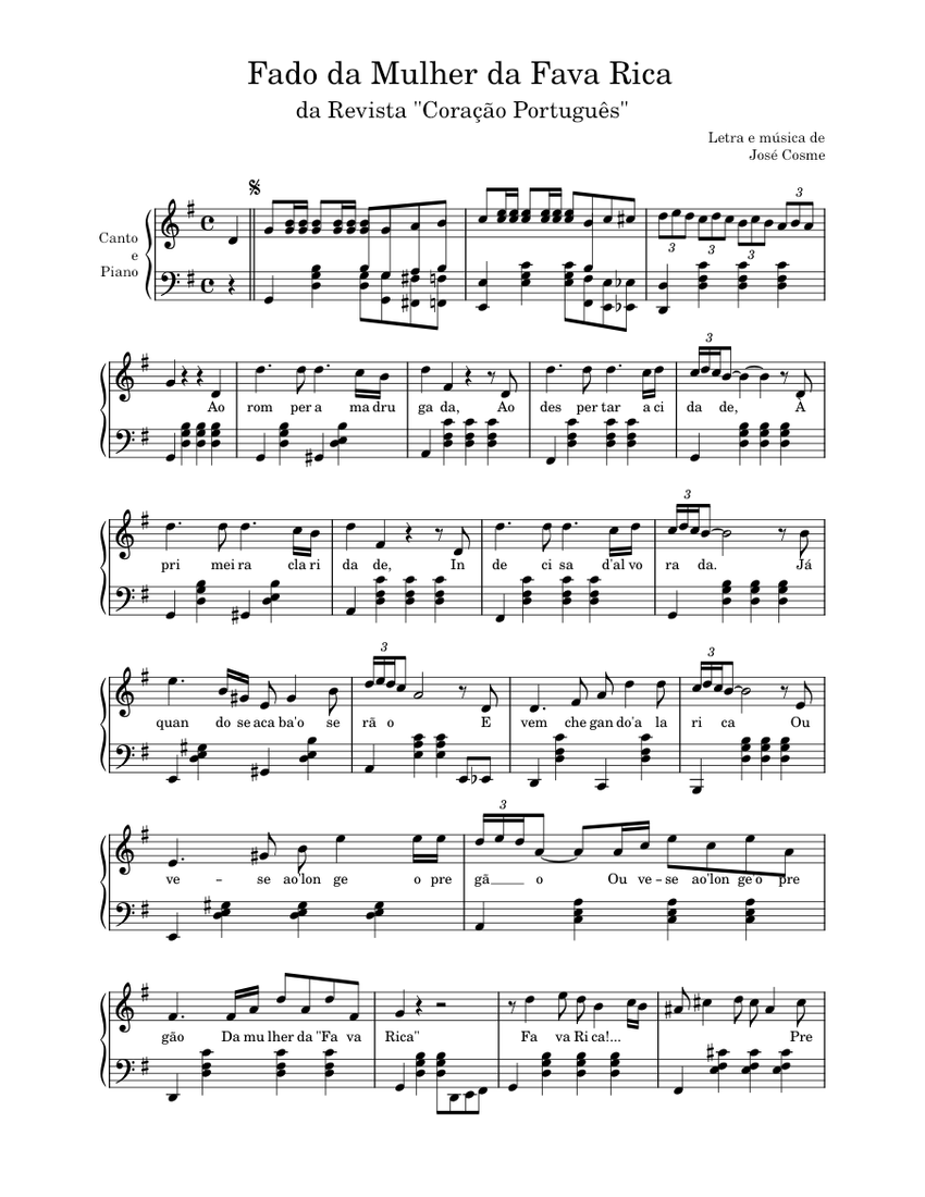 Fado da Mulher da Fava Rica – José Cosme Sheet music for Piano (Piano ...