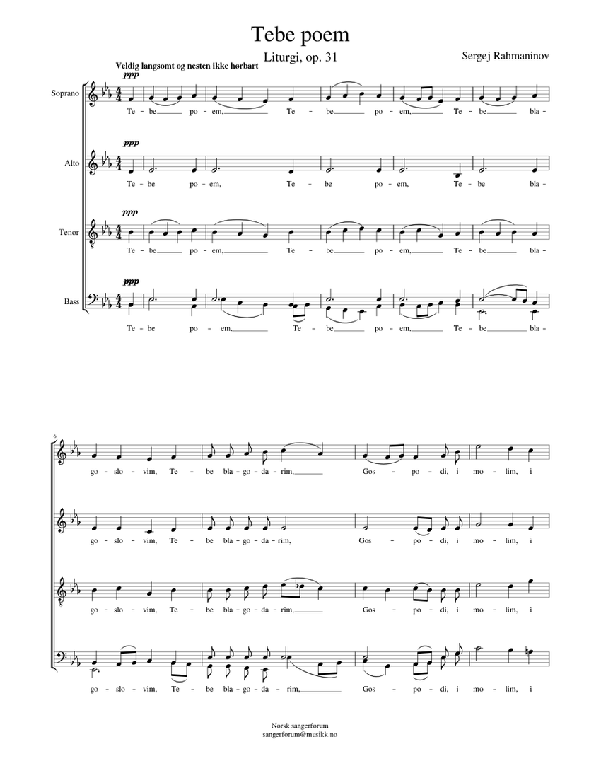 Tebe poem – Sergei Rachmaninoff Sheet Music for Soprano, Alto, Tenor ...