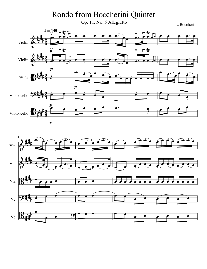 Rondo from Boccherini String Quintet in E major, Op. 11 No. 5 G275 Sheet Music for Violin, Viola ...