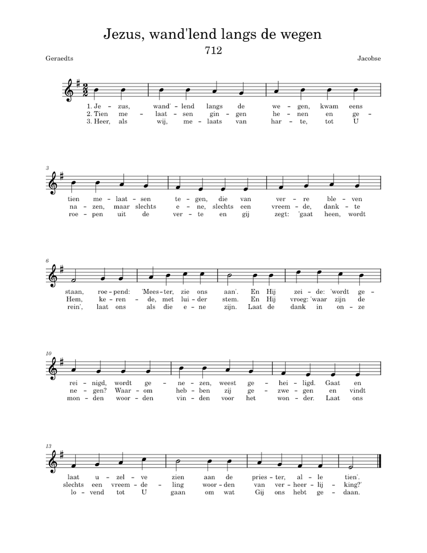 712 Jezus, wand'lend langs de wegen Sheet Music for Piano (Solo) Easy ...