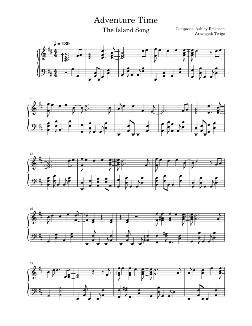 Adventure time - come along with me (The Island song) Sheet Music for ...