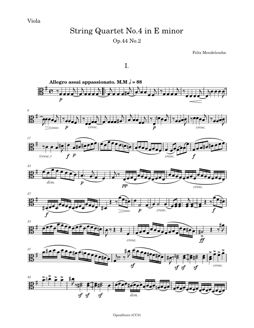 String Quartet No.4 in E minor, Op.44 No.2 – Felix Mendelssohn - Viola PART Sheet music for ...