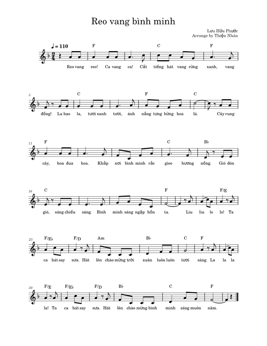Reo vang bình minh – Lưu Hữu Phước Sheet music for Piano (Solo) Easy ...
