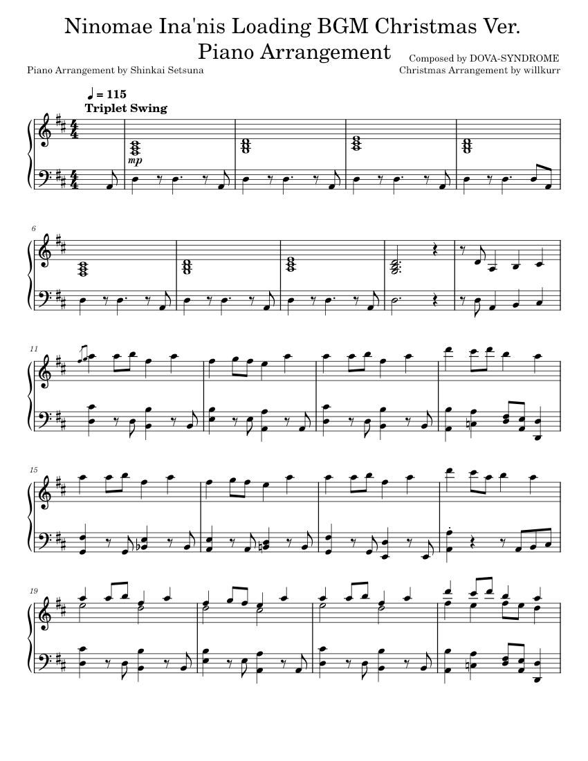 Ninomae Ina'nis Loading BGM Christmas Ver. Piano Arrangement Sheet ...