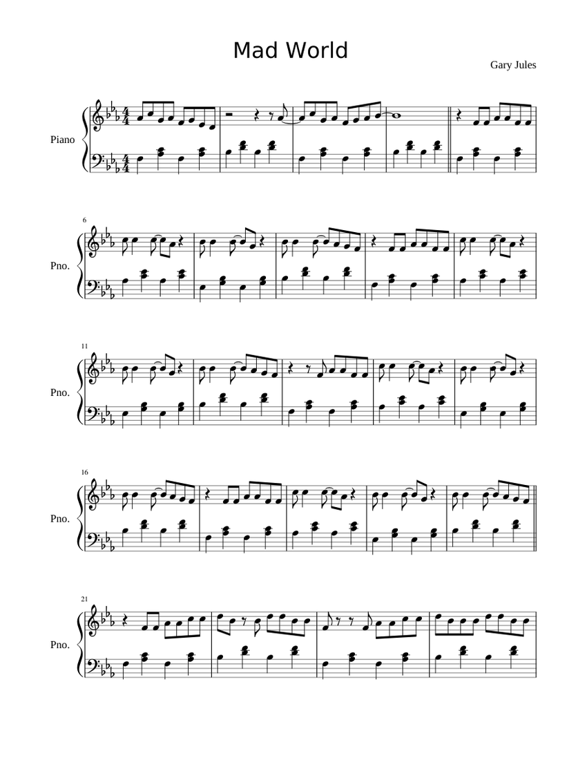 Mad World Sheet music for Piano (Solo) Easy | Musescore.com