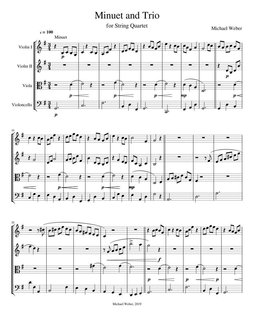 Minuet and Trio Sheet Music for Violin, Viola, Cello (String Quartet ...