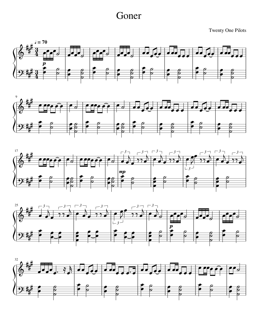 Goner - Twenty One Pilots (piano solo) Sheet Music for Piano (Solo ...