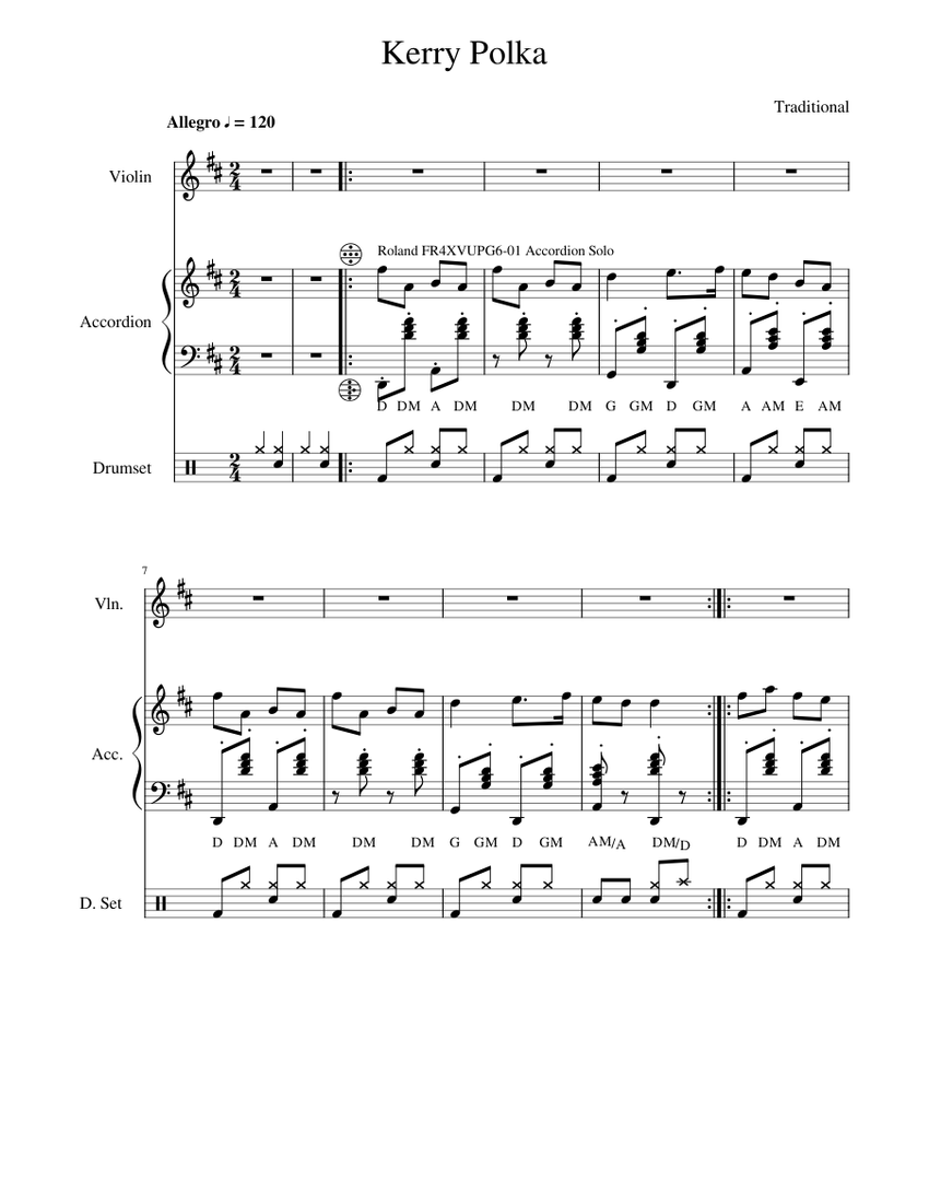 Kerry Polka Sheet Music with Chords for Accordion, Violin, Drum group ...