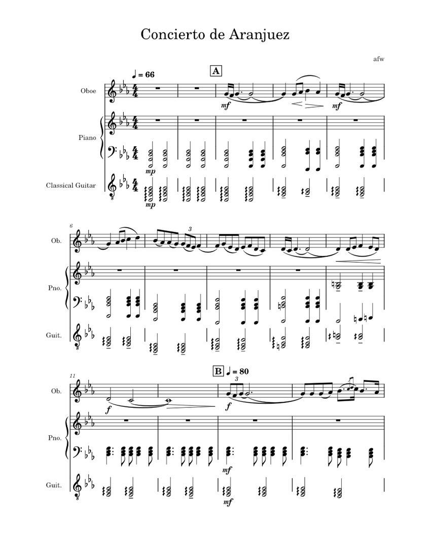 Concierto De Aranjuez Adagio Sheet music for Piano, Oboe, Guitar (Mixed ...