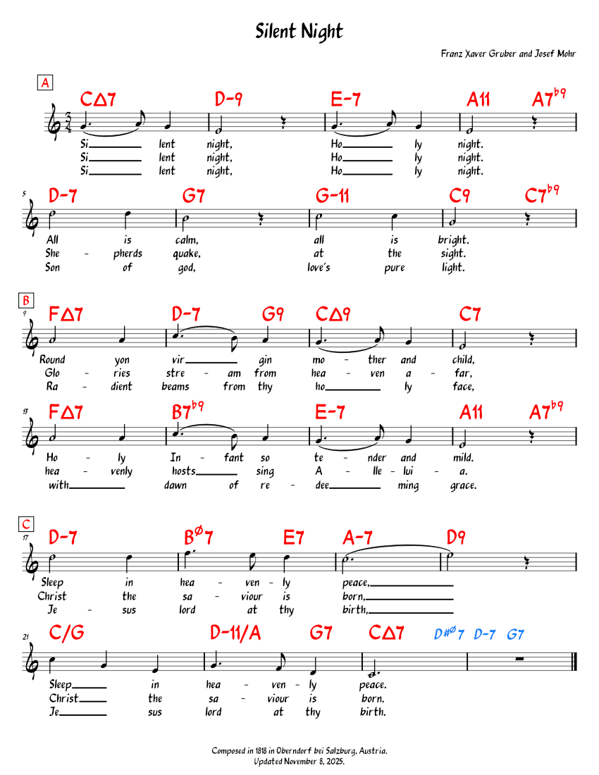 Silent Night – Franz Xaver Gruber, Joseph Mohr (Lead Sheet) Sheet Music for Piano (Solo) Easy ...