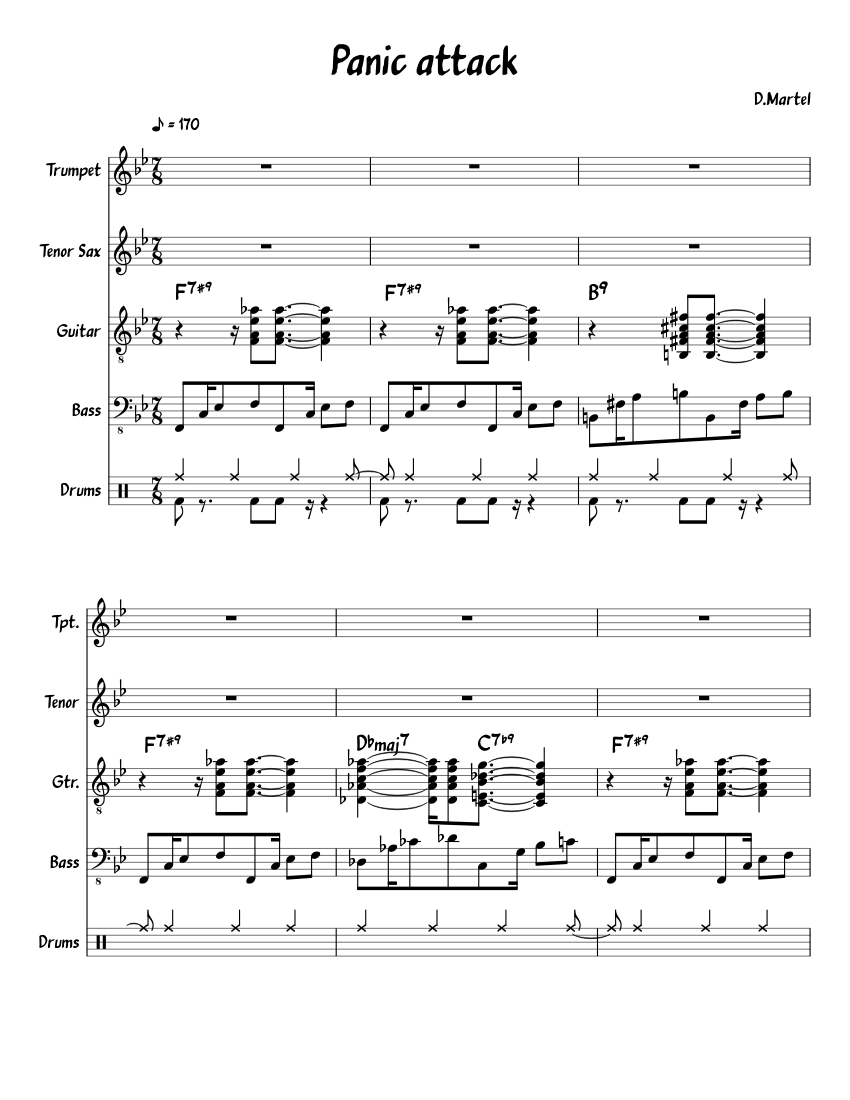 Panic attack Sheet music for Saxophone tenor, Trumpet in b-flat, Guitar ...