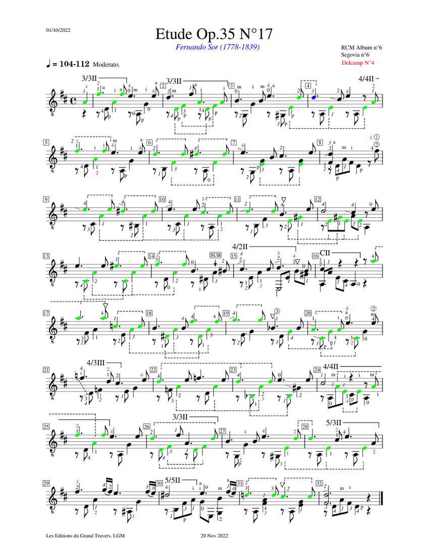 Op 35 n°17 – Sor sor Etude No.17 op35 alternate fingerings Sheet music for Guitar (Solo ...