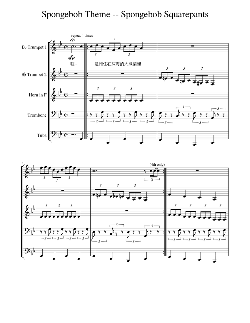 Spongebob Theme -- Spongebob Squarepants Sheet music for Trombone, Tuba ...