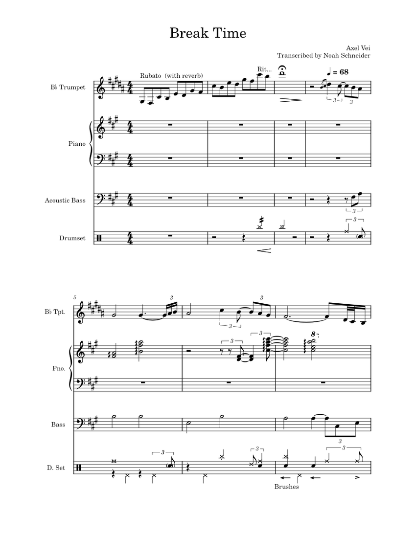 Break Time – Axel Vei Sheet Music for Piano, Trumpet in b-flat, Bass ...