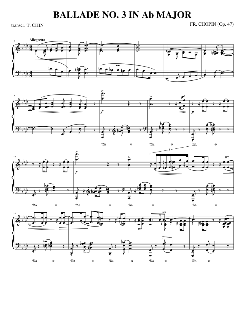 Chopin - Ballade No. 3 in Ab Major (Op. 47) Sheet Music for Piano (Solo ...