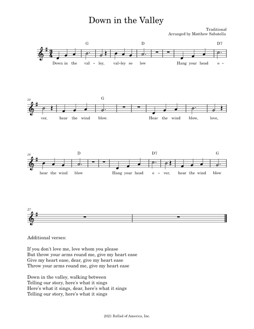 Down in the Valley - Traditional/Arranged by Matthew Sabatella Sheet ...