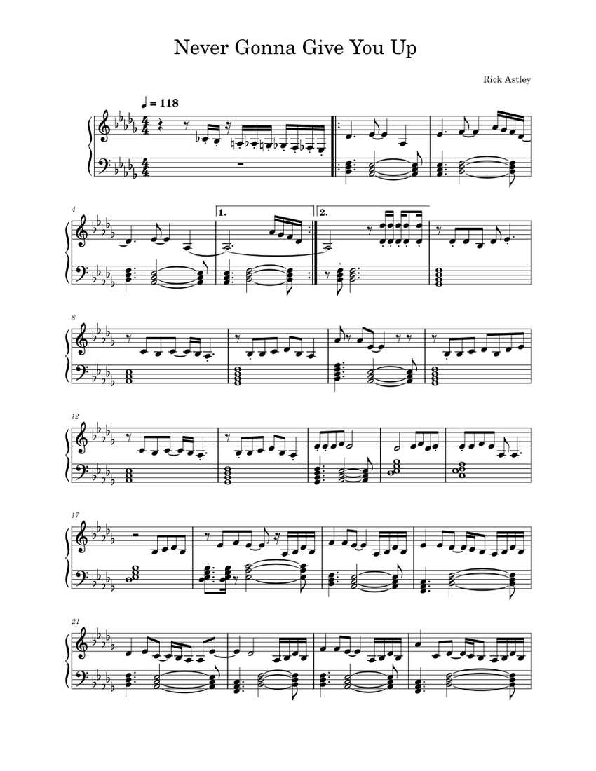 Never Gonna Give You Up – Rick Astley (Piano Cover) Sheet Music for ...
