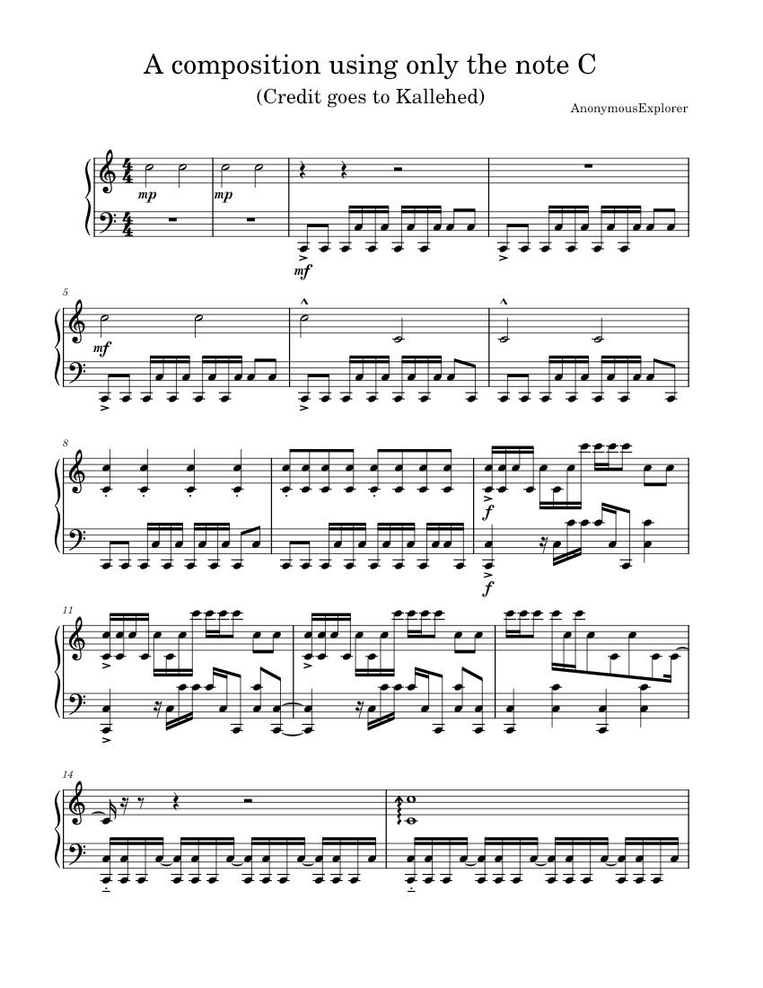 A composition using only the note C Sheet Music for Piano (Solo ...