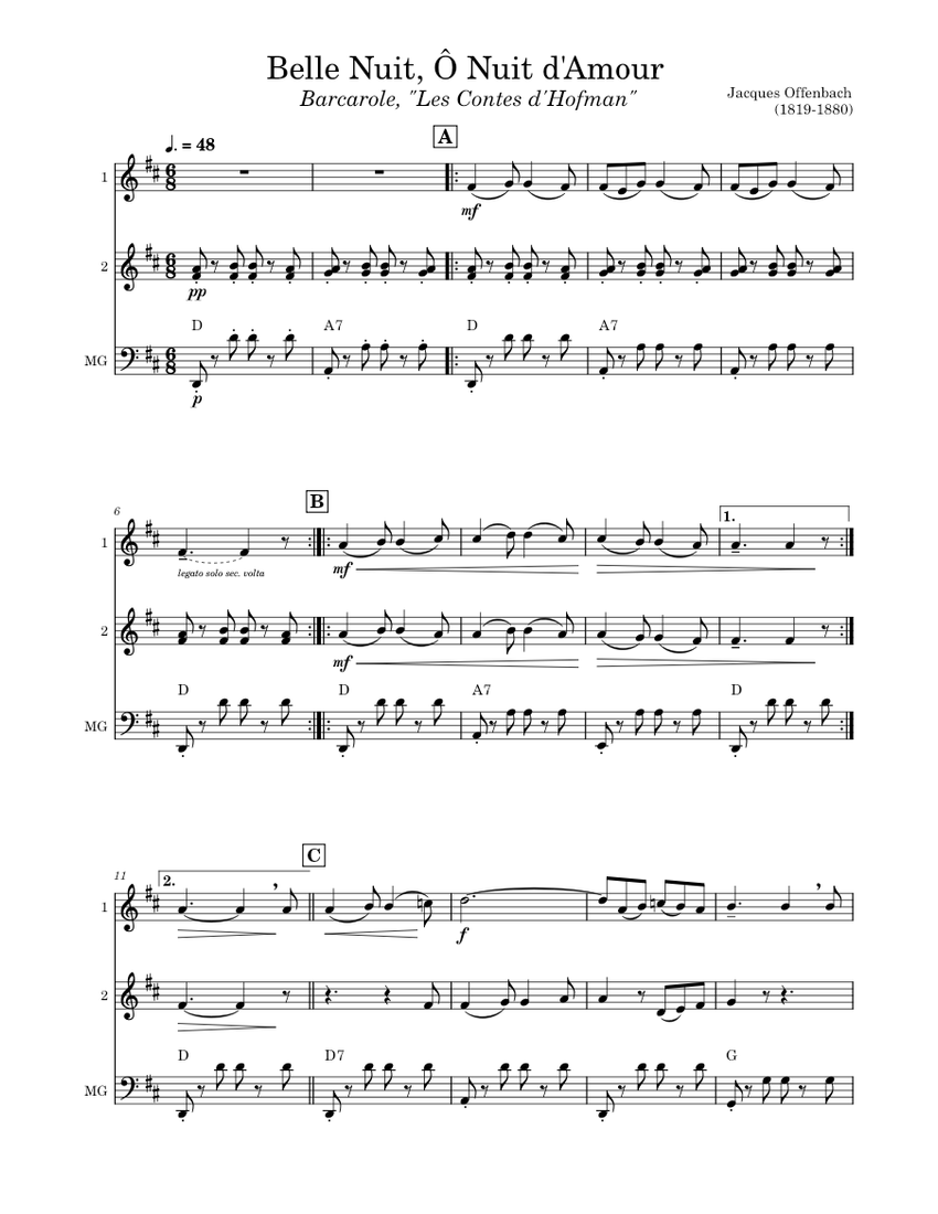 Belle Nuit O Nuit d'Amour – Jacques Offenbach - duo Sheet music for ...