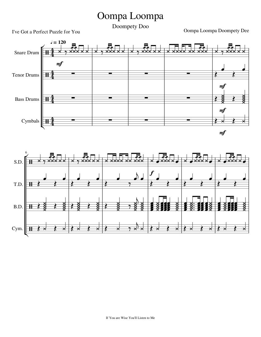 Oompa_Loompa Sheet music for Snare drum, Crash, Tenor drum, Bass drum ...