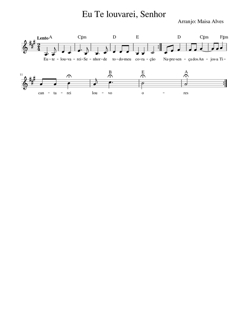 Eu Te louvarei, Senhor- Com letra certa Sheet Music with Chords for ...