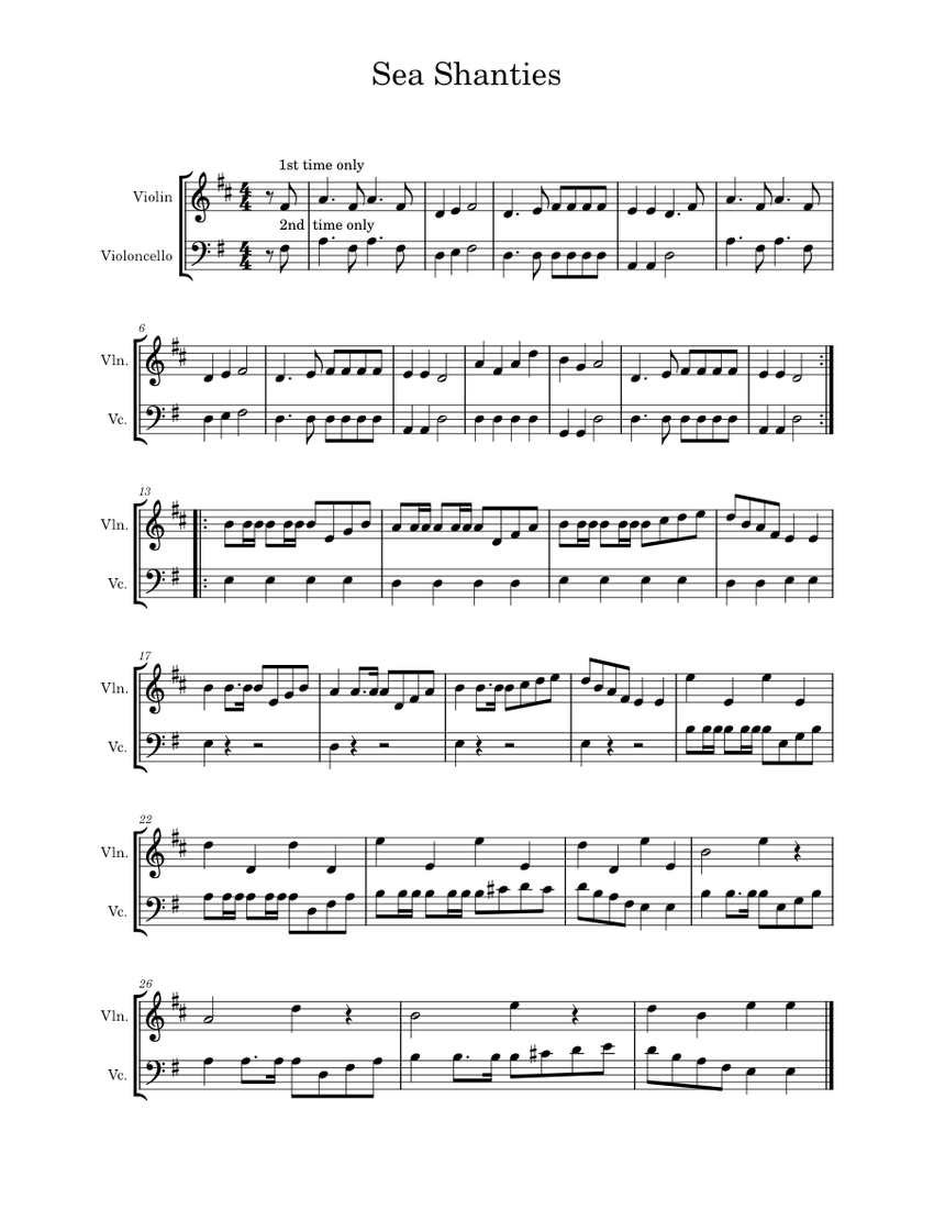 Sea Shanties Sheet Music for Violin, Cello (String Duet) | MuseScore.com