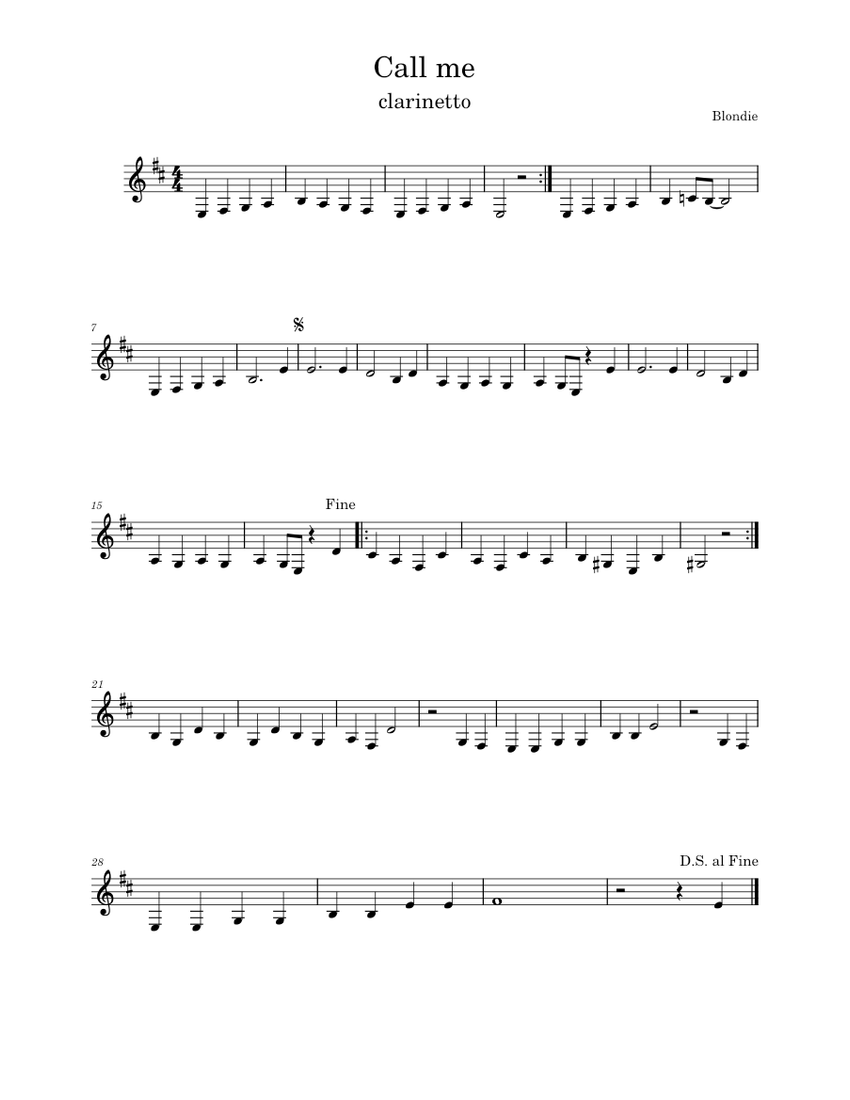 Call me – Blondie Sheet music for Clarinet in b-flat (Solo) | Musescore.com