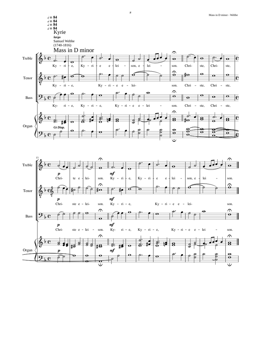Mass in D minor - Samuel Webbe Sheet music for Organ, Bass guitar ...