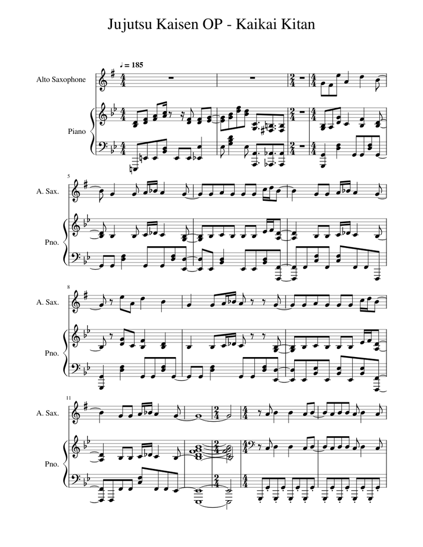 Jujutsu Kaisen OP - Kaikai Kitan Sheet Music for Piano, Saxophone alto ...